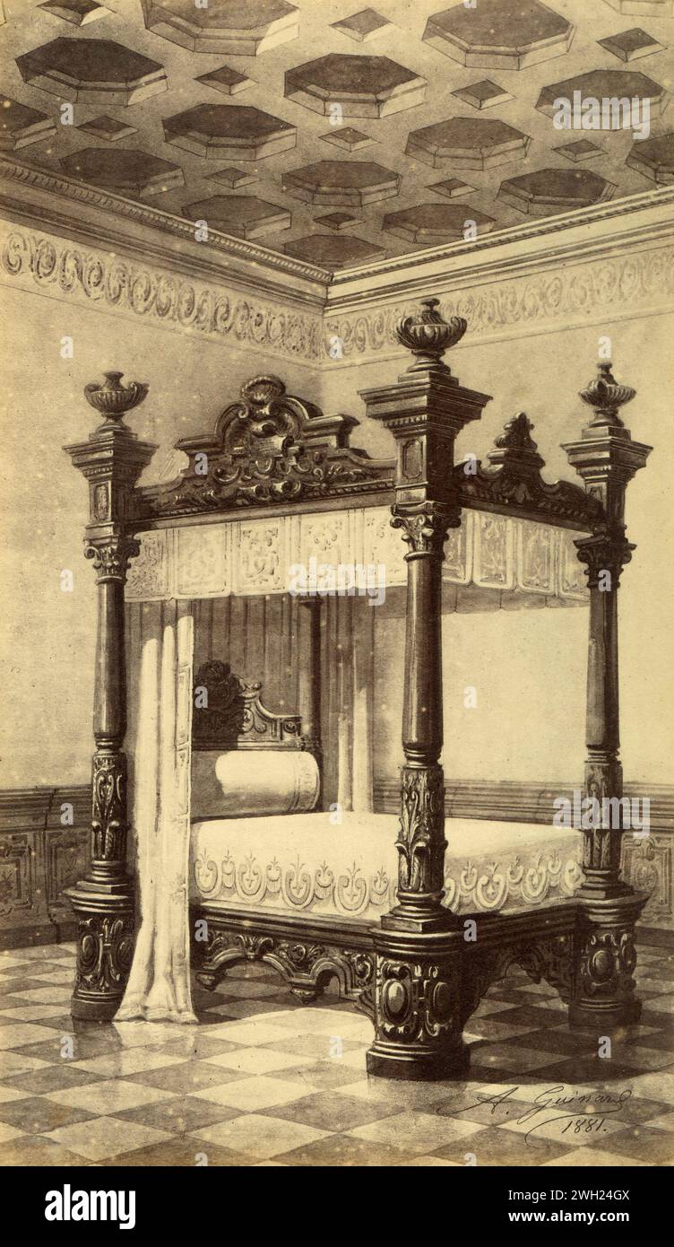 Fantasy style XIX century bed, drawing by French artist Alfred Guinard ...
