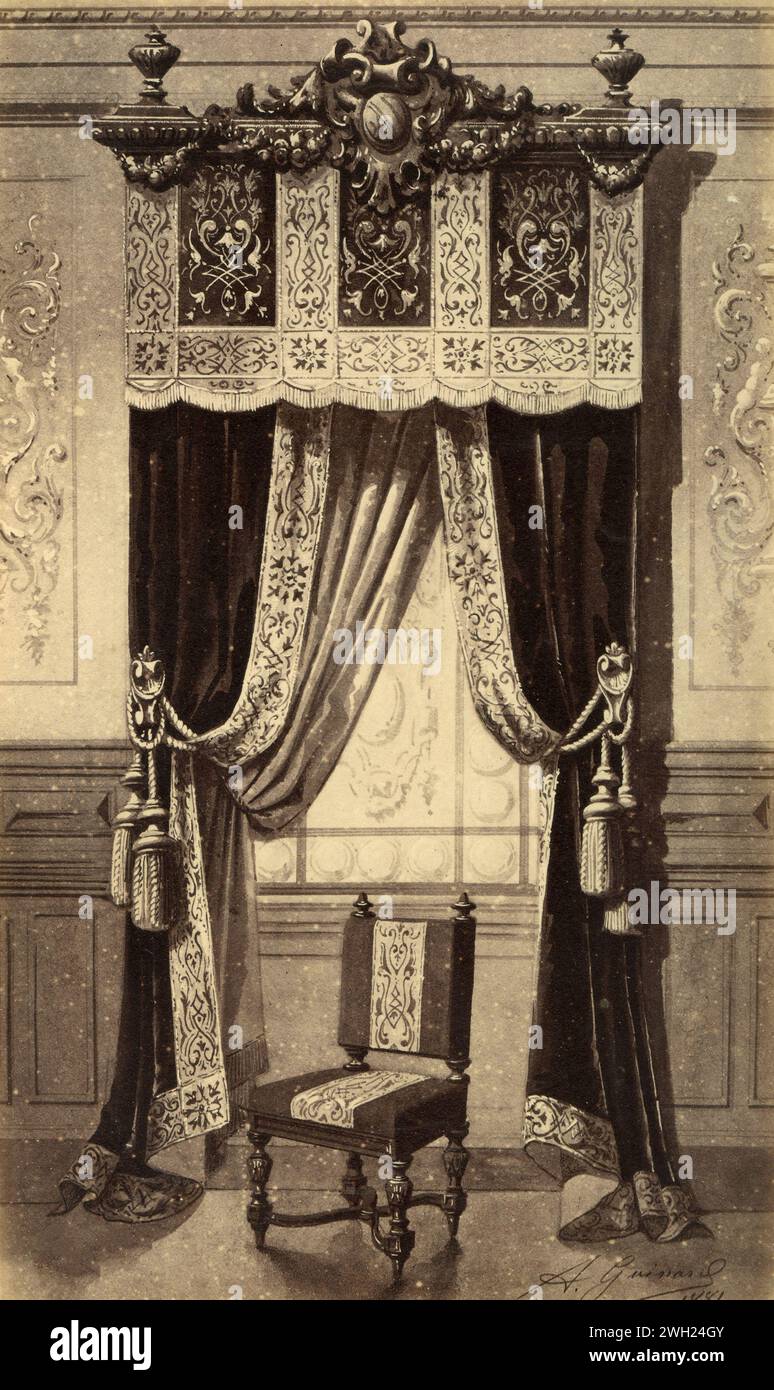 Fantasy style XIX century curtain window, drawing by French artist ...