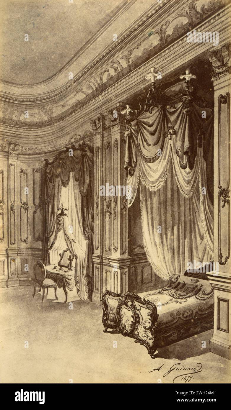 Louis XV, XVII century style bed with dome, half-alcove, drawing by ...