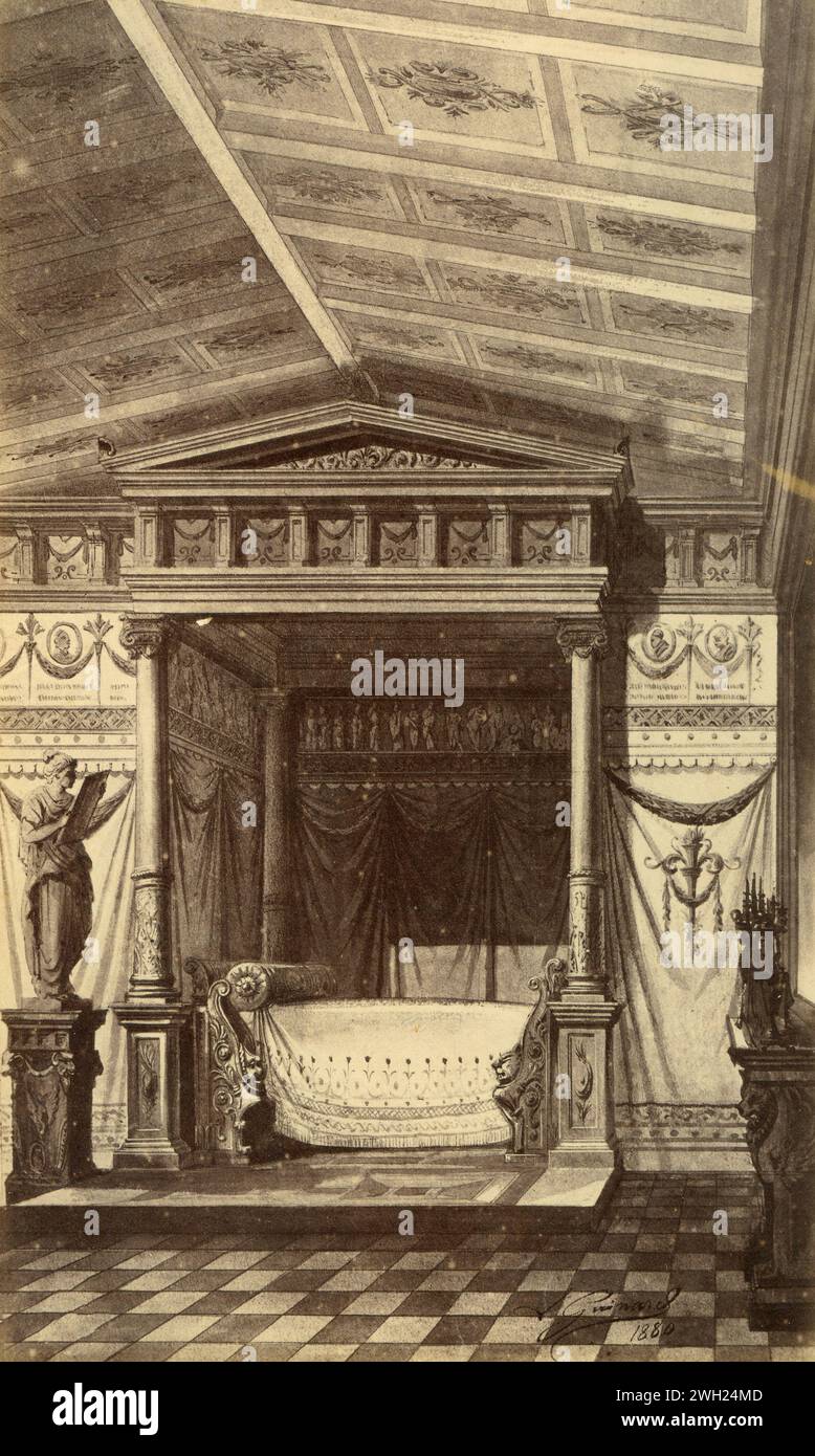 Greek-roman XVIII century Empire style bed, drawing by French artist ...