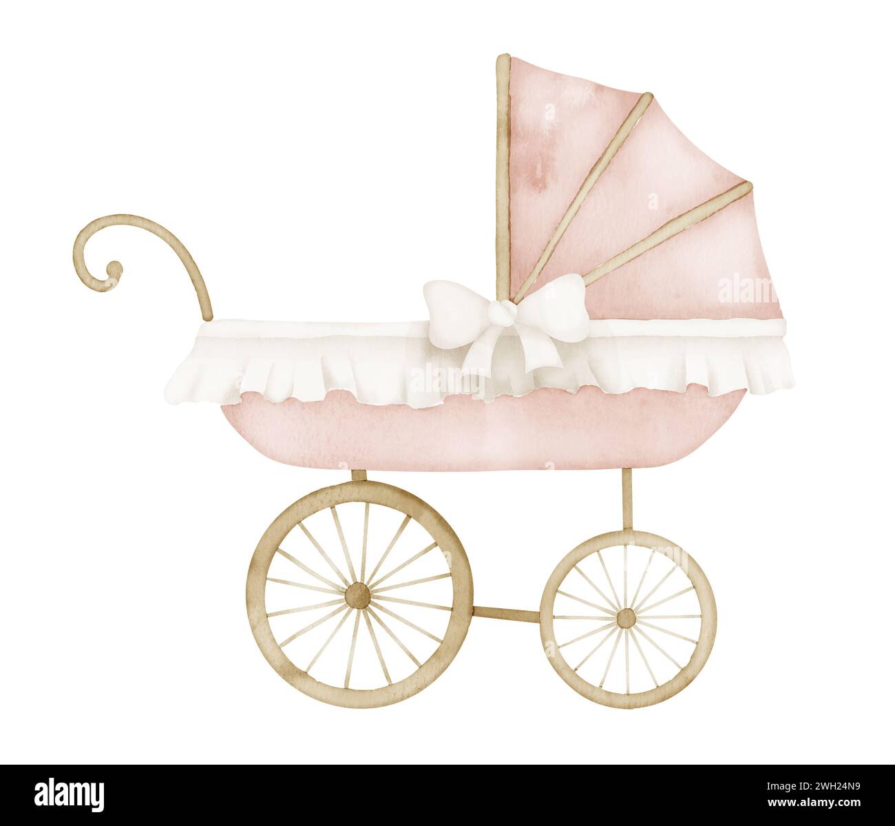 Watercolor Baby Pram in vintage style. Retro kid Stroller in cute ...