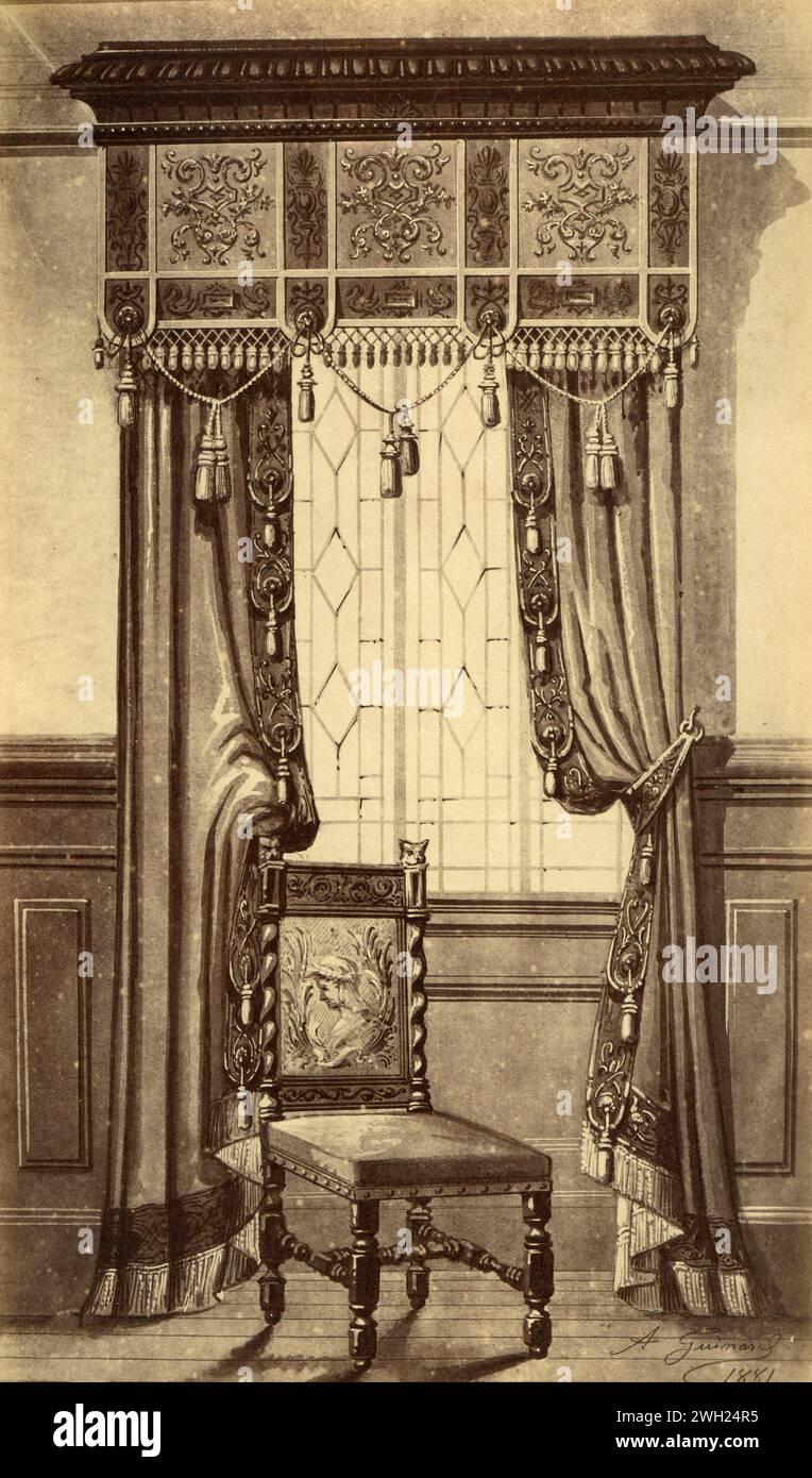 Renaissance XVI century style Louis XIII window with headband, drawing ...