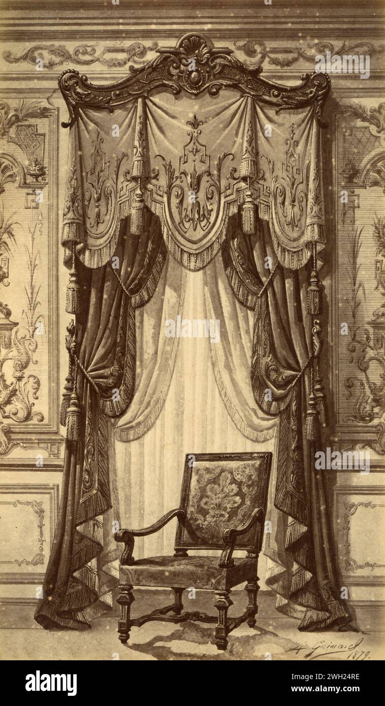 Louis XIV, XVI century style draped window, drawing by French artist Alfred Guinard, France 1881 ...