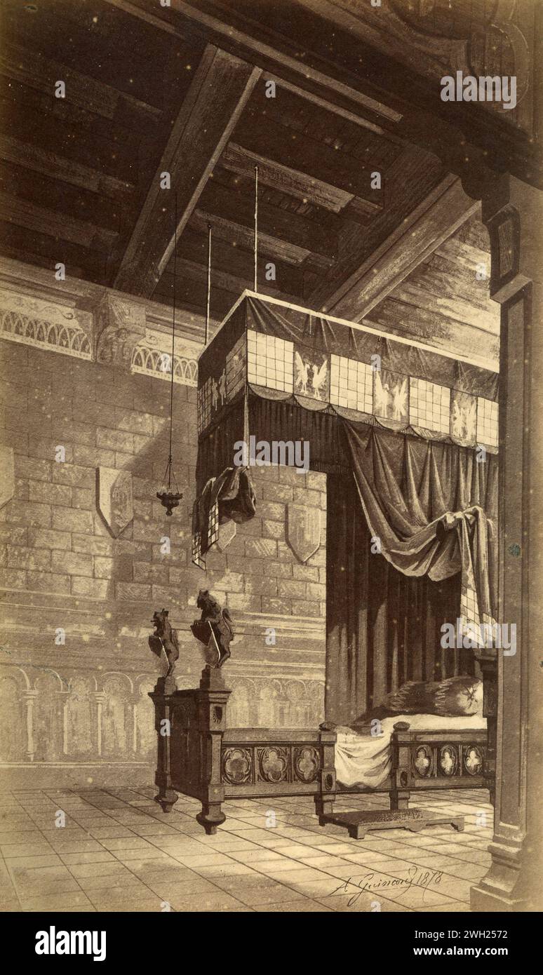 Romanesque XI century style four poster bed, drawing by French artist ...