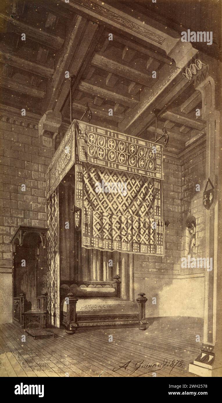 Romanesque XI century style four poster bed, drawing by French artist ...