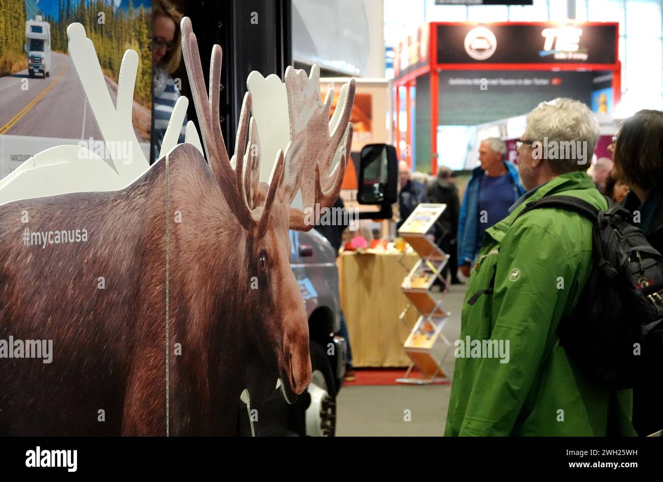 Hamburg, Germany. 07th Feb, 2024. A cardboard moose stands at a stand ...