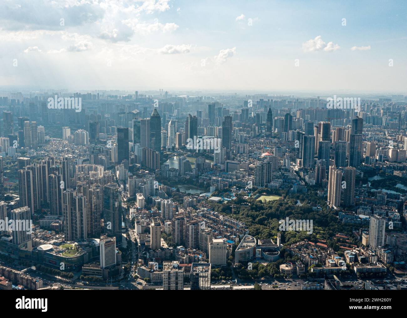 An aerial view of the central urban area under the Wuhan skyline, China ...