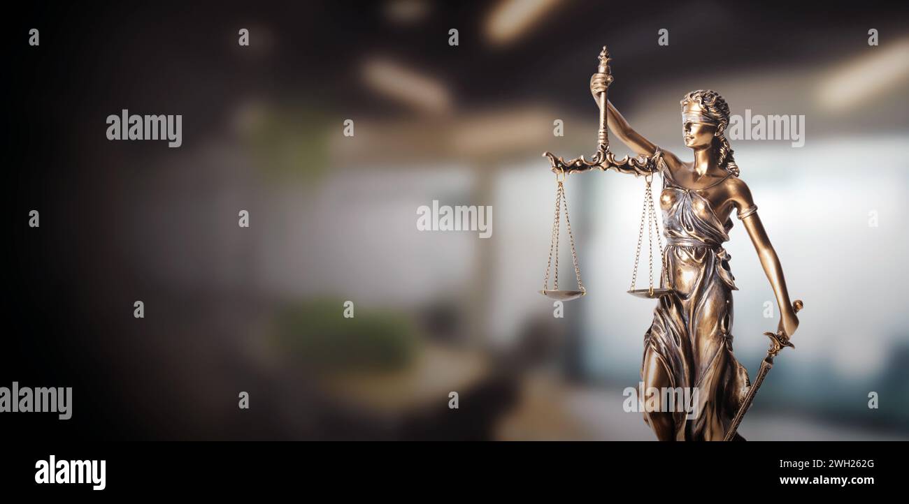 Blind justice symbol on a metallic statue. Law and justice concept ...