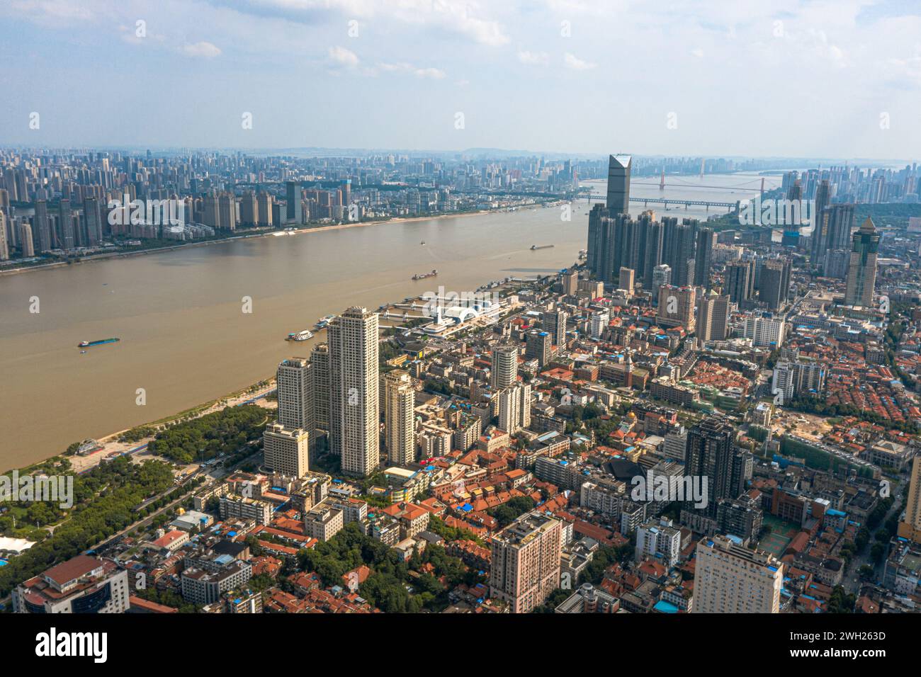 An aerial view of the central urban area under the Wuhan skyline, China ...