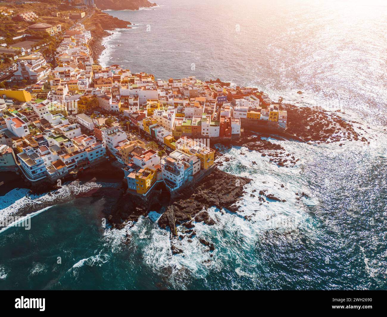 blue water ocean shore, small cozy village Punta Brava, Tenerife ...