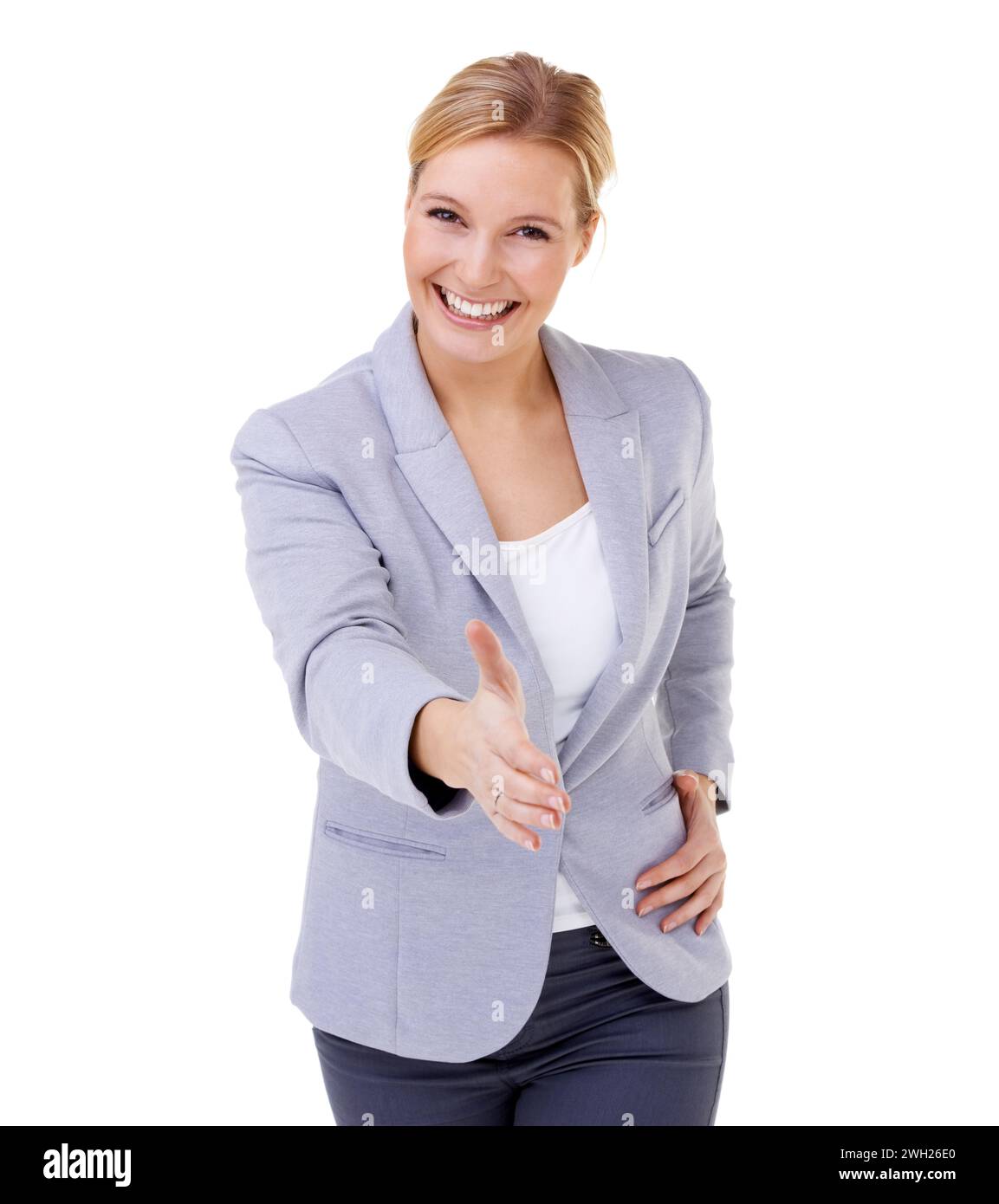 Portrait, interview and handshake with business woman in studio ...