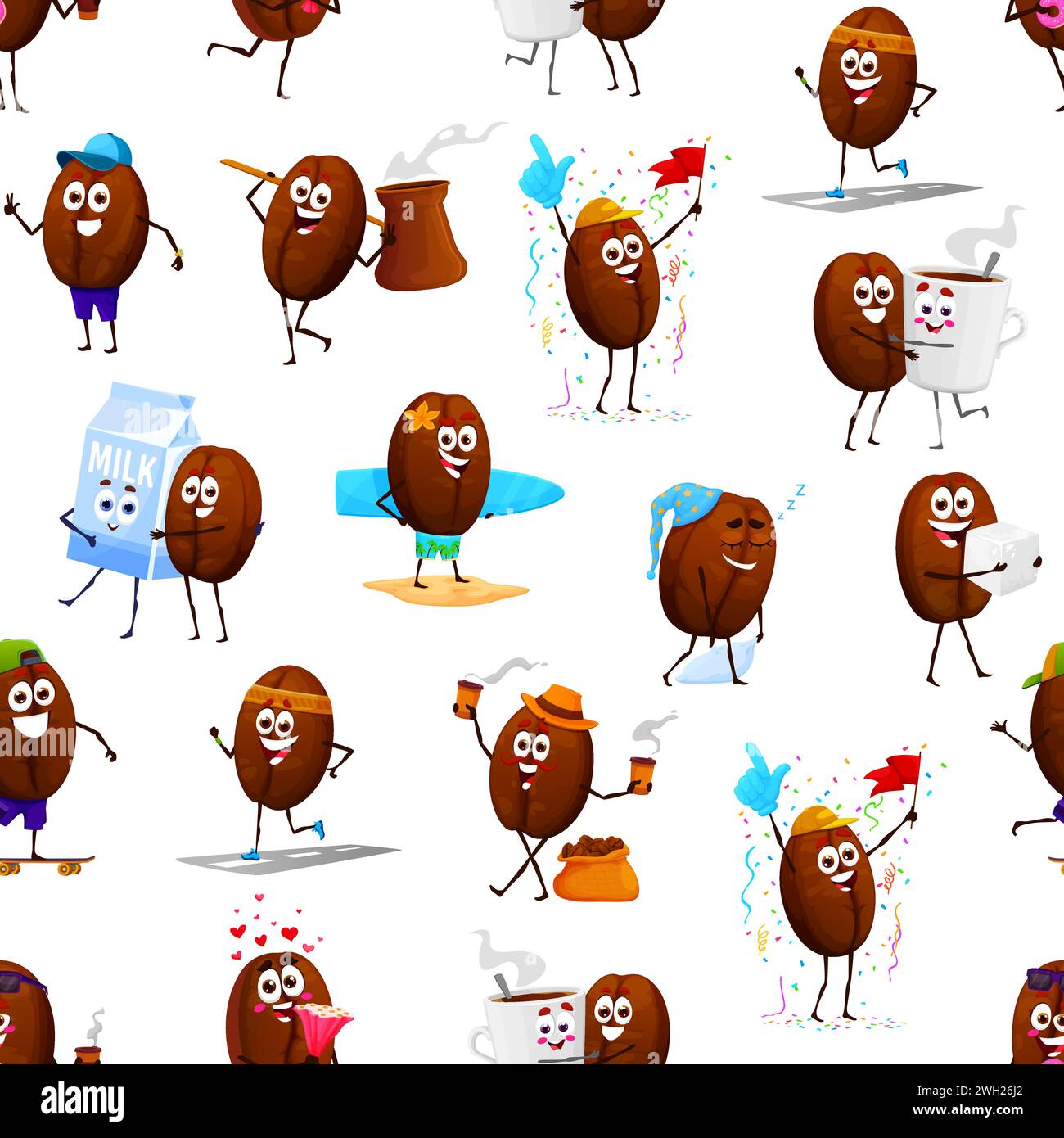 Cartoon cheerful coffee bean characters seamless pattern with coffee ...