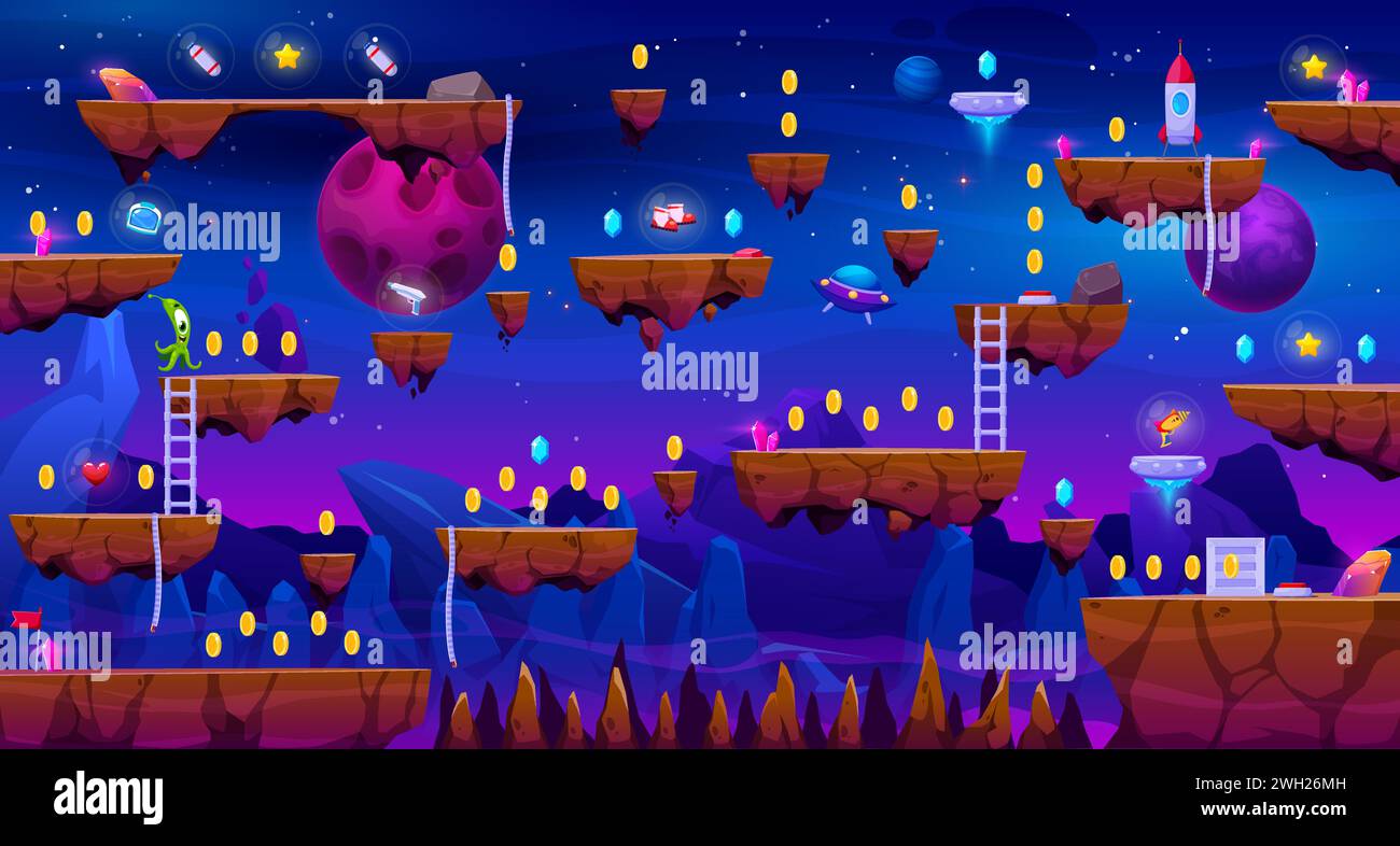 Arcade galaxy space planet game level map interface with UFO and golden coins, vector platforms ...