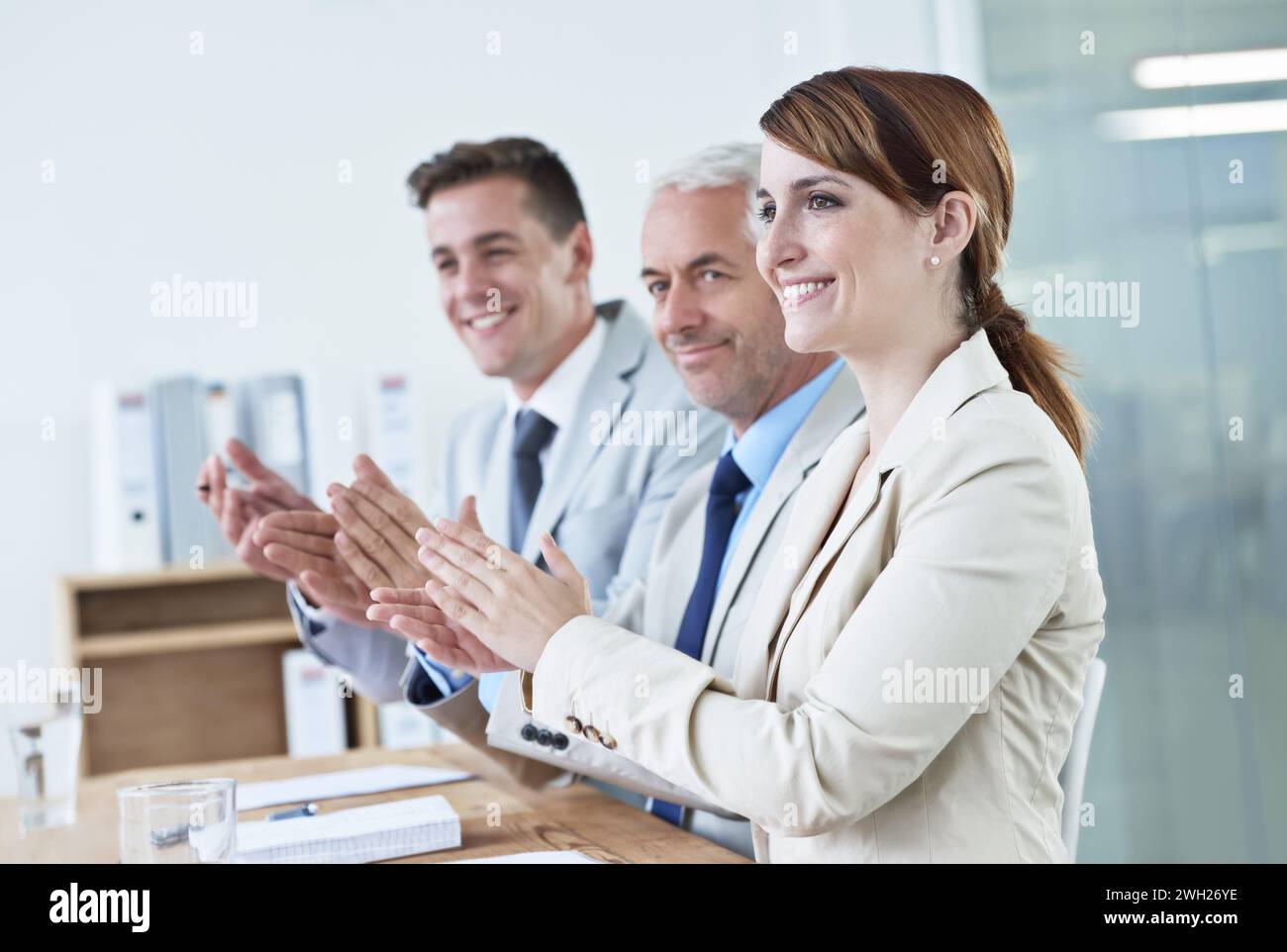 Business people, applause and support for success with pride and ...