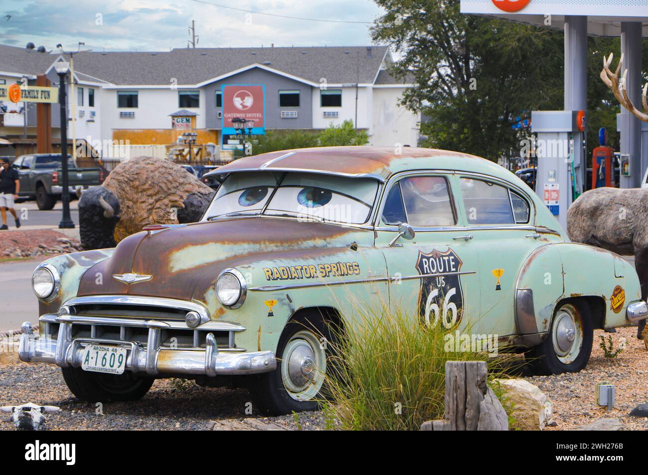 vintage green car on route 66 radiator springs after the Pixar film ...