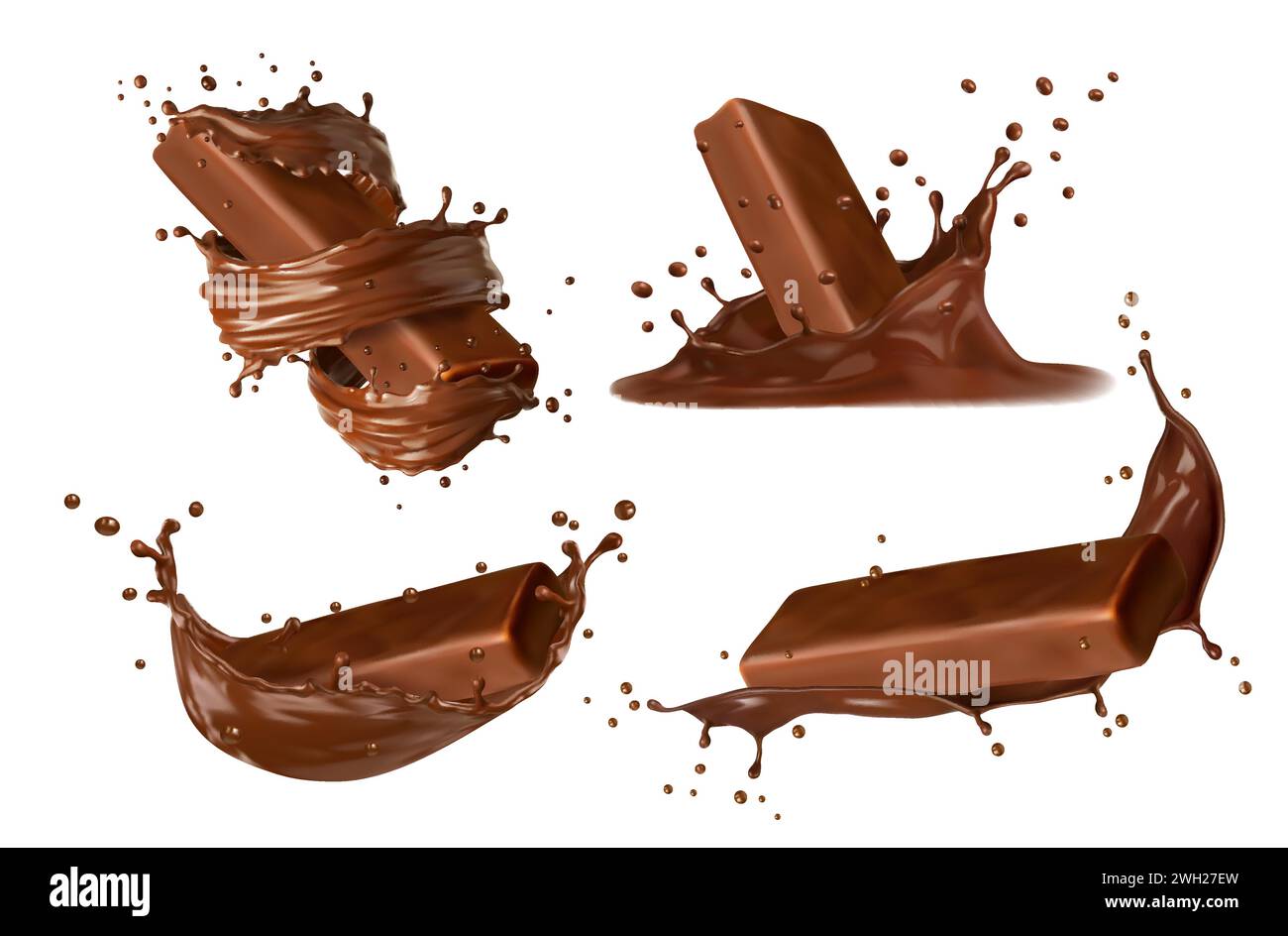 Realistic chocolate bars with splashes and melt cream. Isolated 3d ...