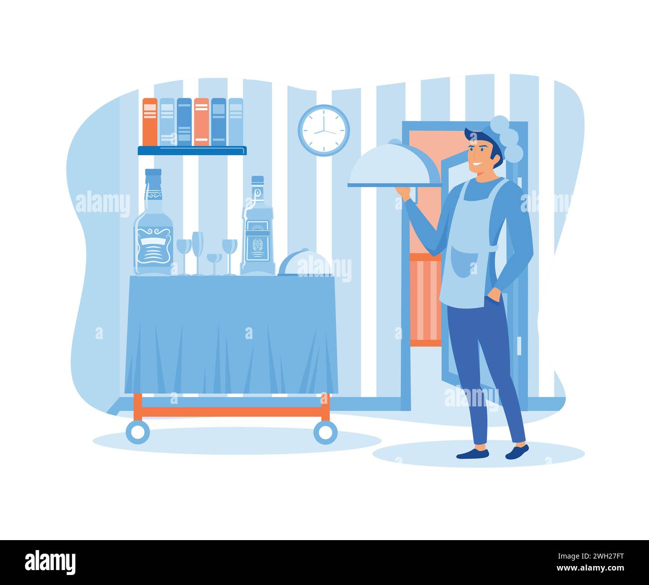 Male hotel keeper in uniform cleaning rooms and delivering food. flat ...