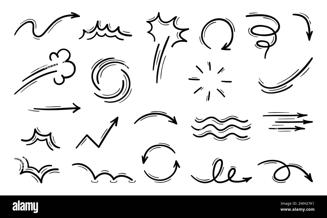 Movement and motion lines, arrows, curve waves and boom puff, vector ...