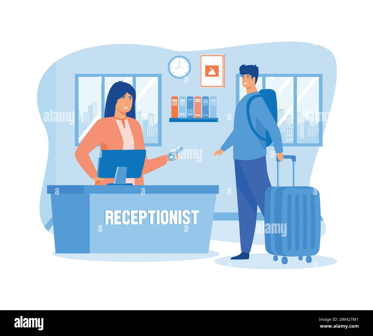 Hotel reception workers provide information to people arriving. flat ...