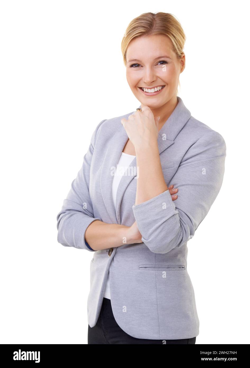 Portrait, smile and career with business woman in studio isolated on ...