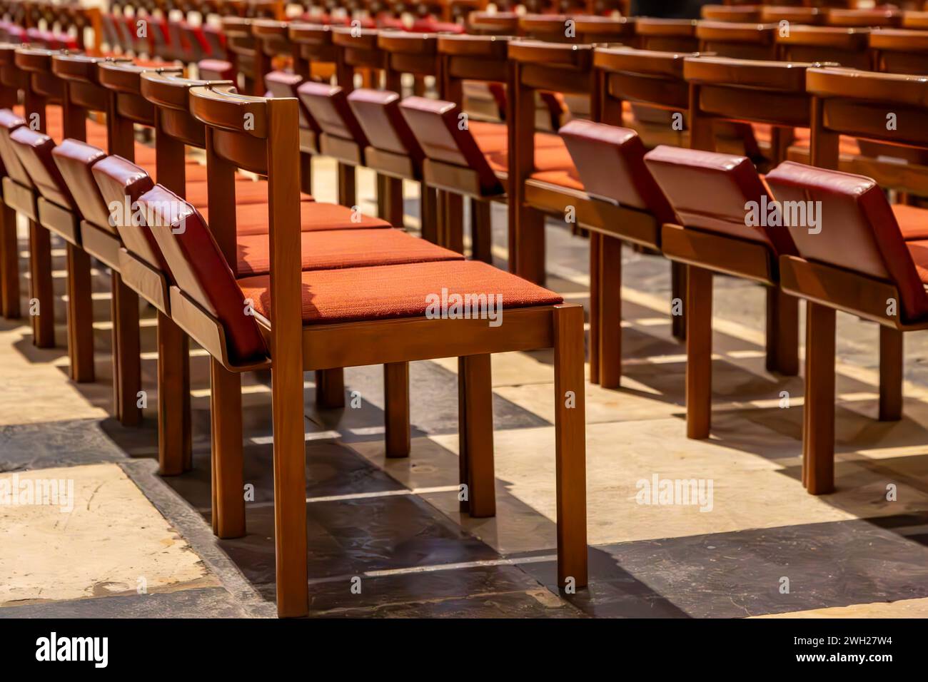 Rows of chairs set up in a church, with a shallow depth of field Stock ...