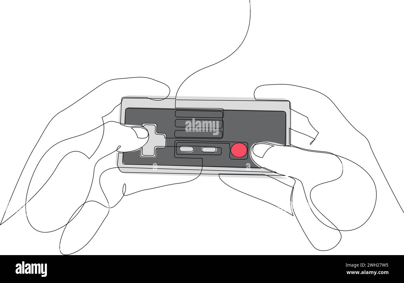 Continuous line drawing of human hands holding vintage game console ... Continuous line drawing of human hands holding vintage game console ...