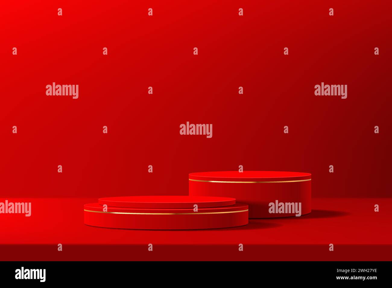 Round red Chinese podium stage with golden rings. Vibrant scene in ...