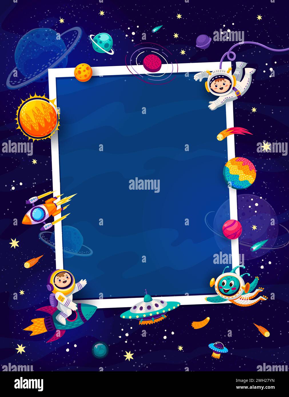 Birthday photo frame with galaxy space planets, rocket and stars, ufo ...