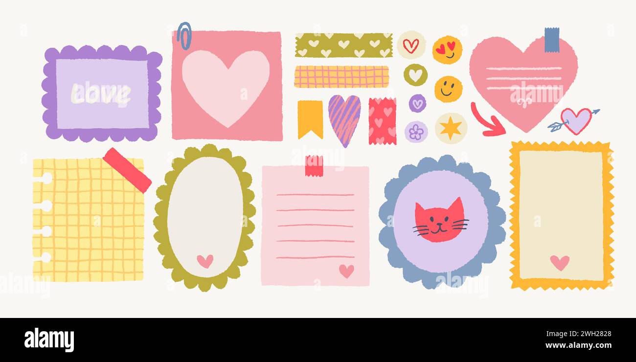 Paper valentine memo notes on stickers. Vector vintage sticky notes and ...