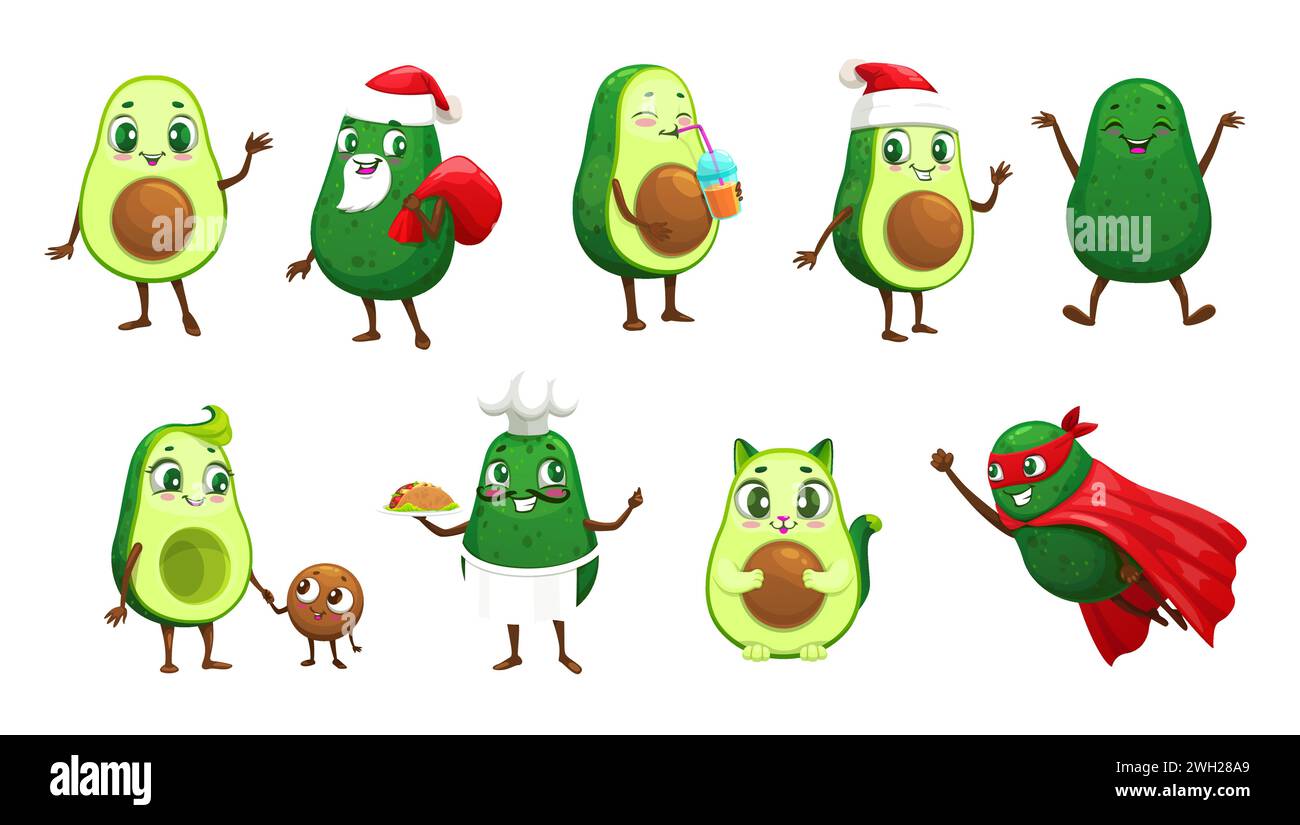 Cartoon mexican avocado characters, vector fruit food. Funny avocado ...
