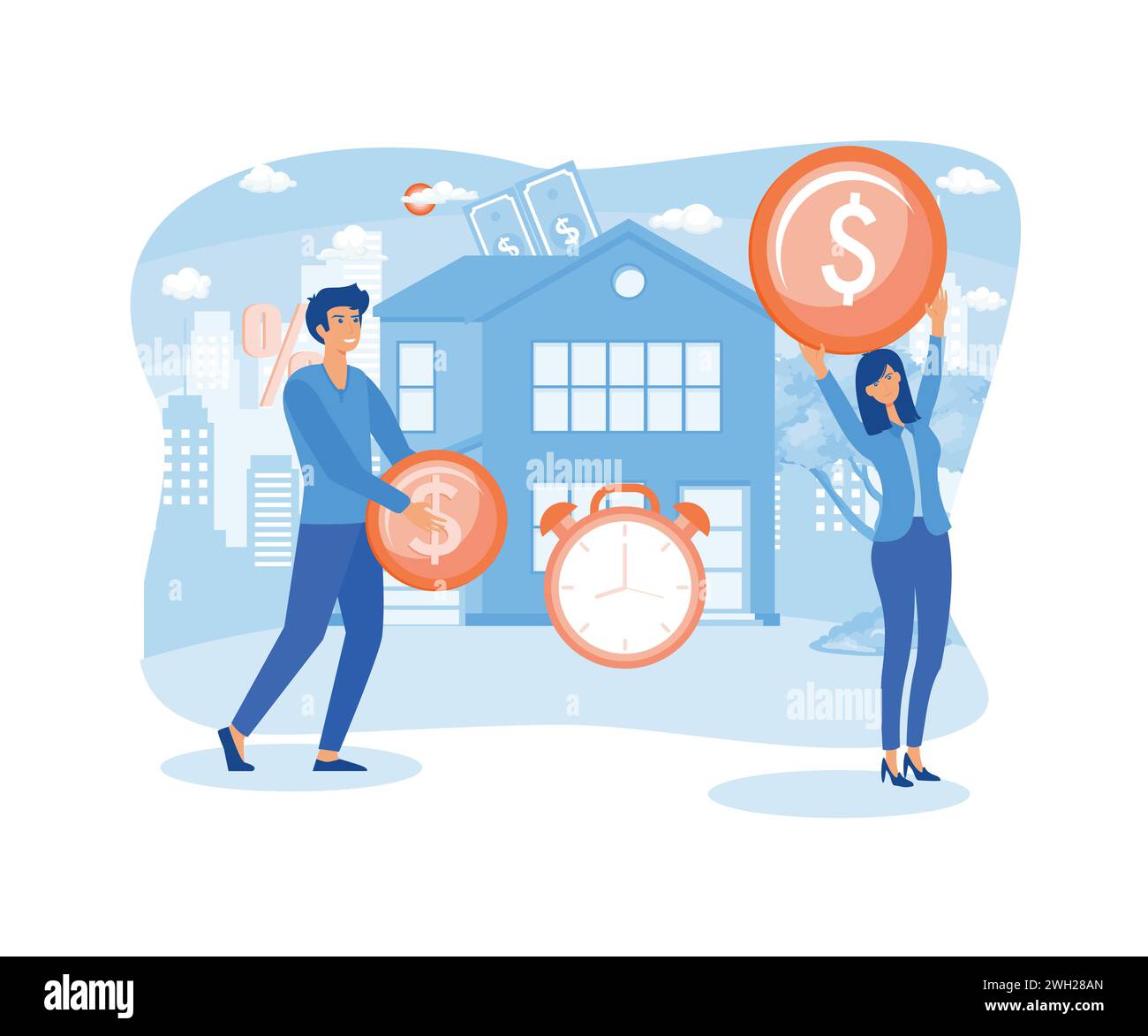 Vector of young couple investing money in real estate. Bank loan and ...