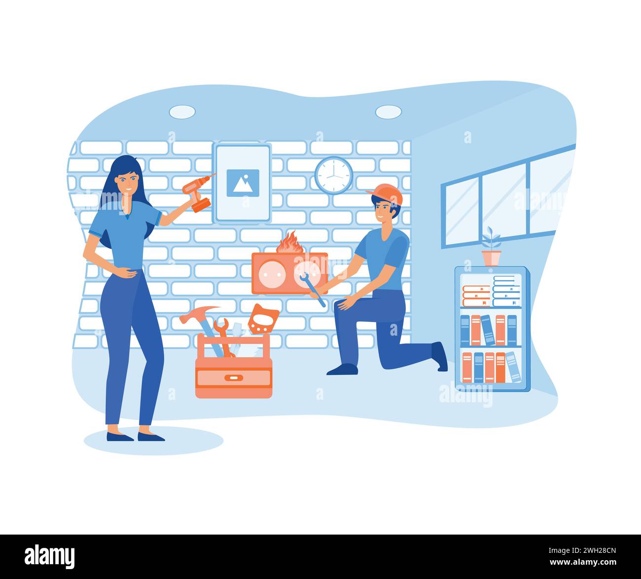 Husband and wife make repairs and change wallpaper. flat vector modern ...