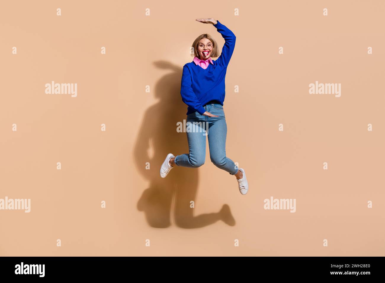 Full body length photo of measure size height funny woman in formal ...