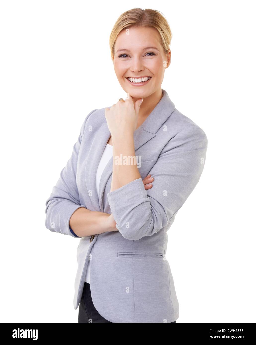 Portrait, smile and professional with business woman in studio isolated ...