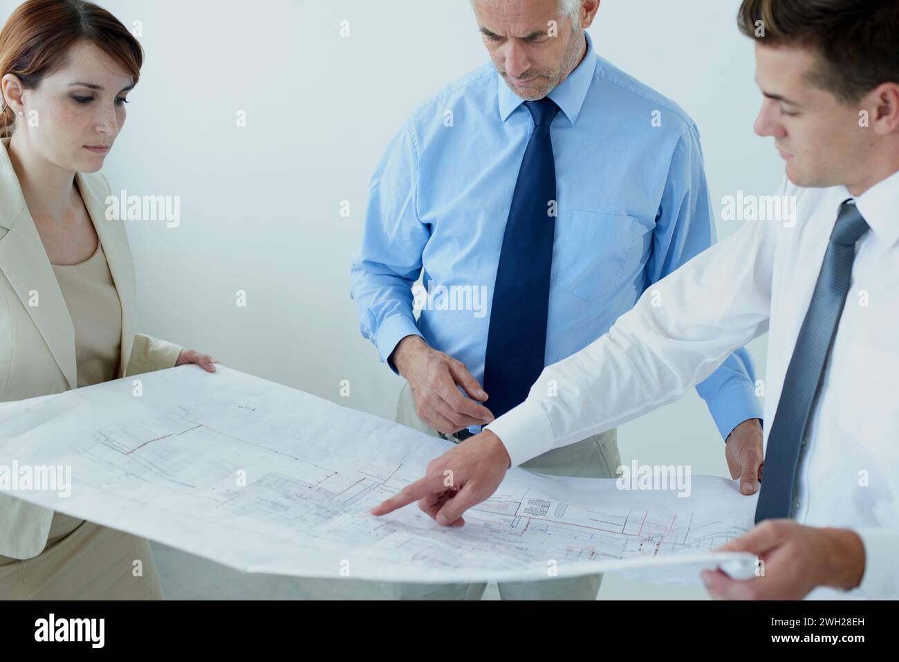 Blueprint, people or civil engineering team planning project ...