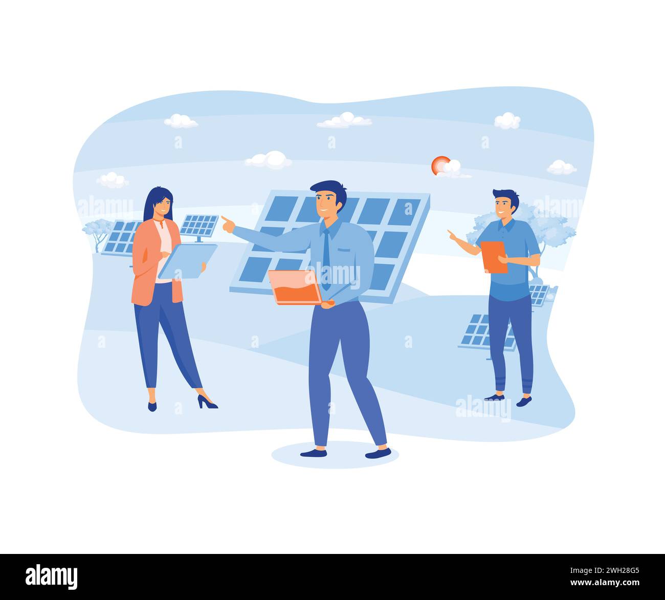 Solar energy panel system concept. Installation of solar modules. Field ...