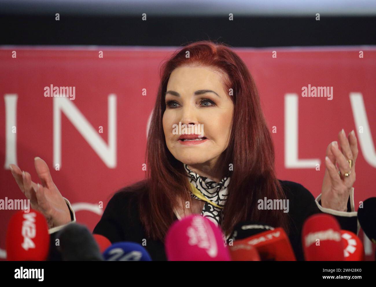 Priscilla Presley, the former wife of Elvis Presley, attends a news ...