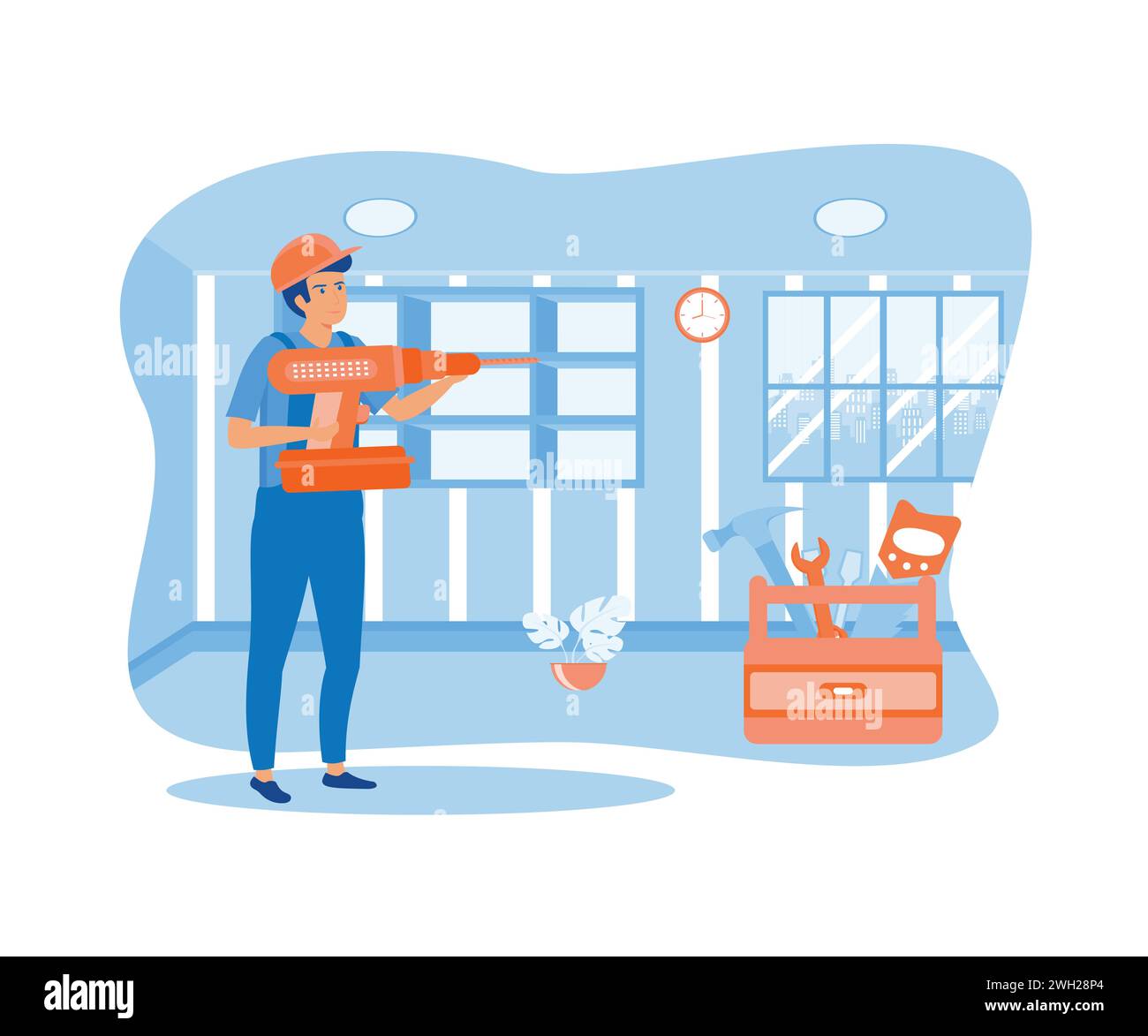 Contractor worker doing indoor window maintenance vector. flat vector ...