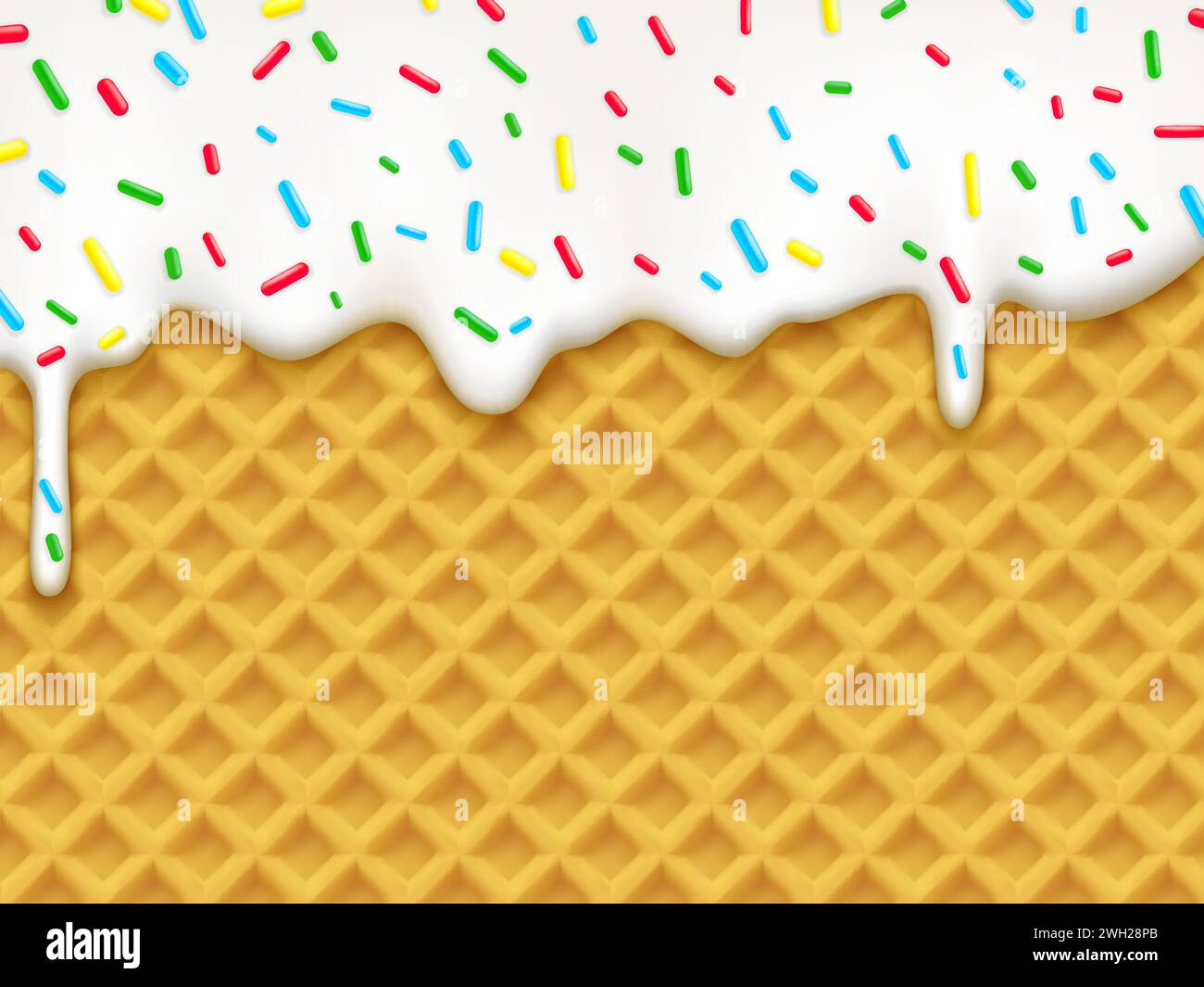 Realistic vanilla ice cream melting drip with candy sprinkles on wafer ...