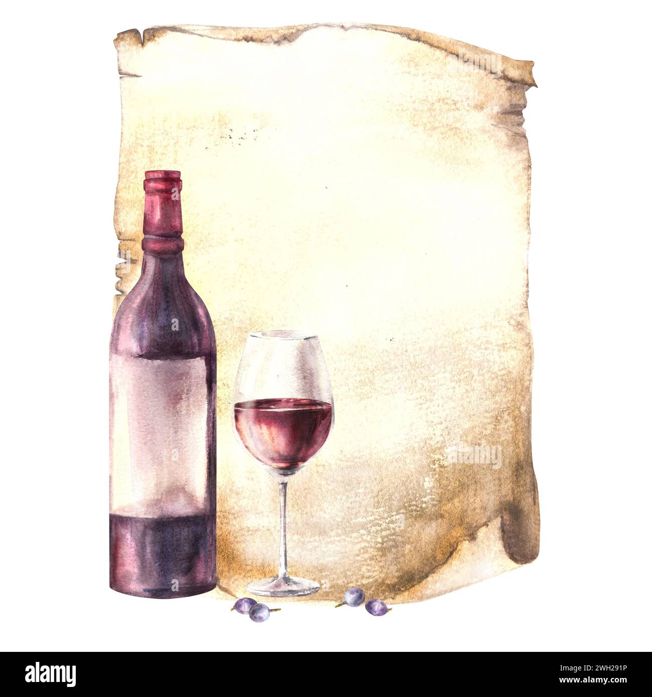 Wine bottle and glass on old papyrus leaf background, menu, wine list ...