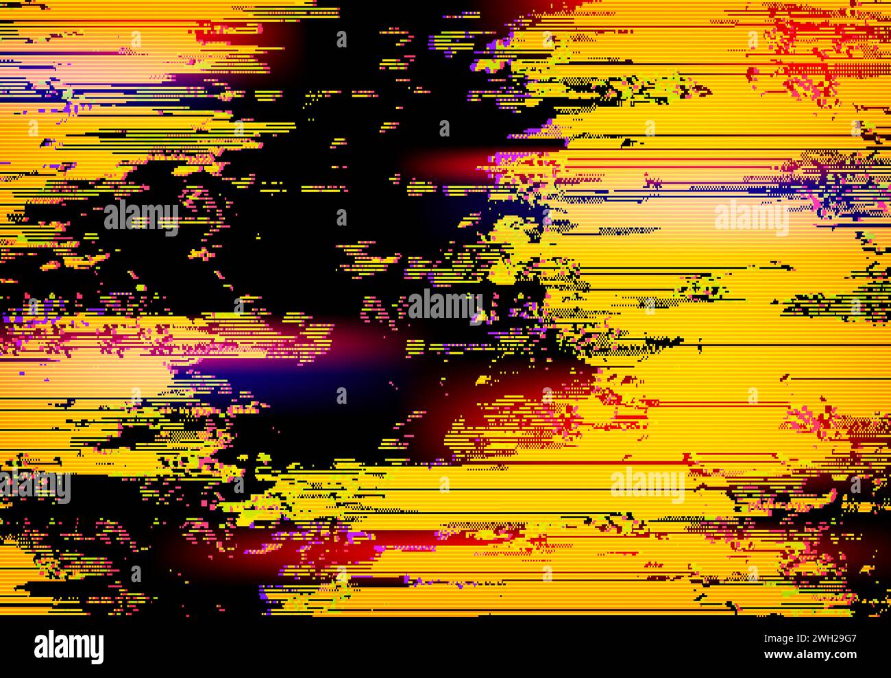 Yellow tv or vhs glitch texture background with distorted lines and ...