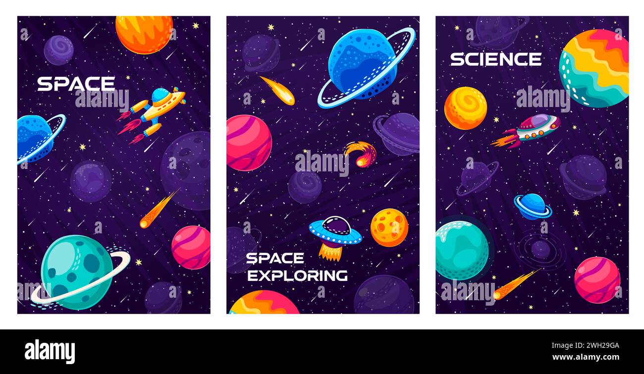 Space landscape posters with spaceship and starship, galaxy planets and ...