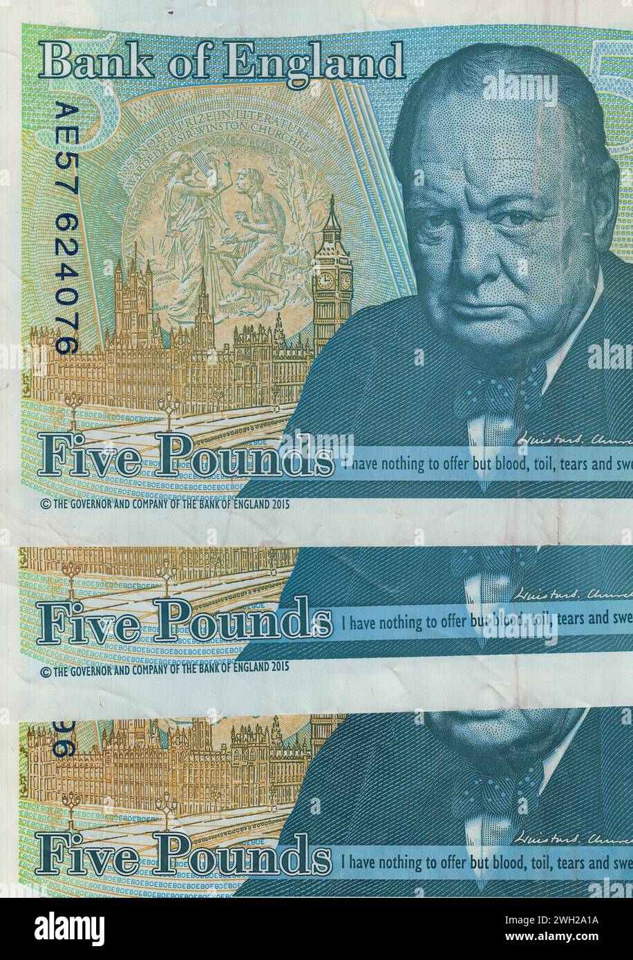 Five pound notes from the United Kingdom featuring a portrait of Sir ...