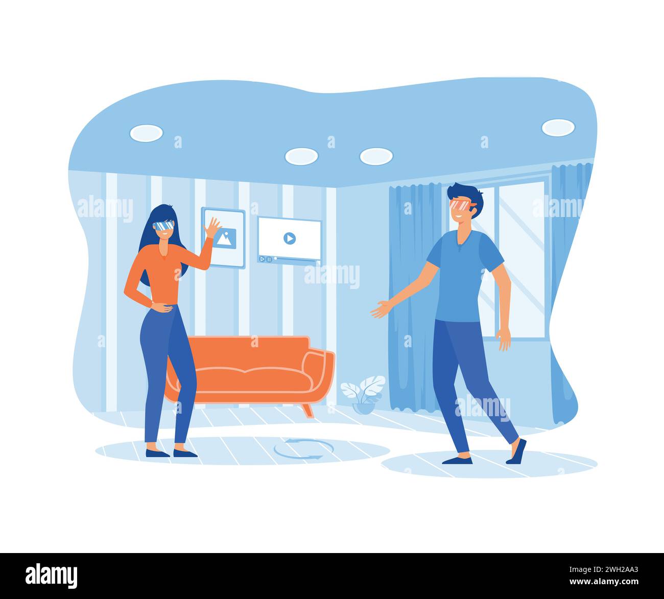 Boy and girl taking virtual tour of real estate floor plans. flat ...