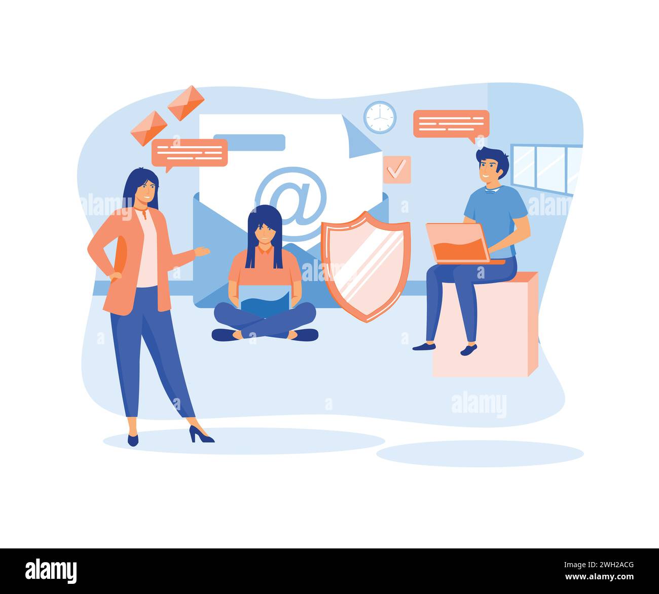 Private messages, email encryption, confidential information protection. Group of people ...