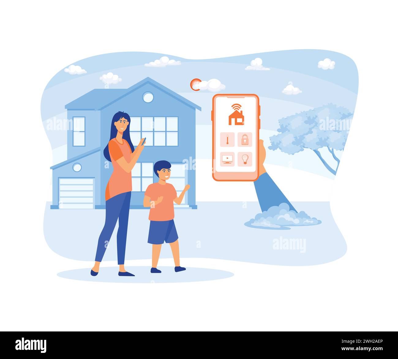 Smart home app with control system, eco house on the background and ...