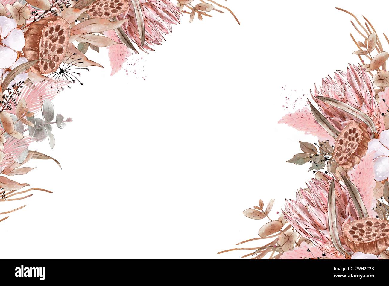 Watercolor boho template with protea, cotton flowers, dried branches ...