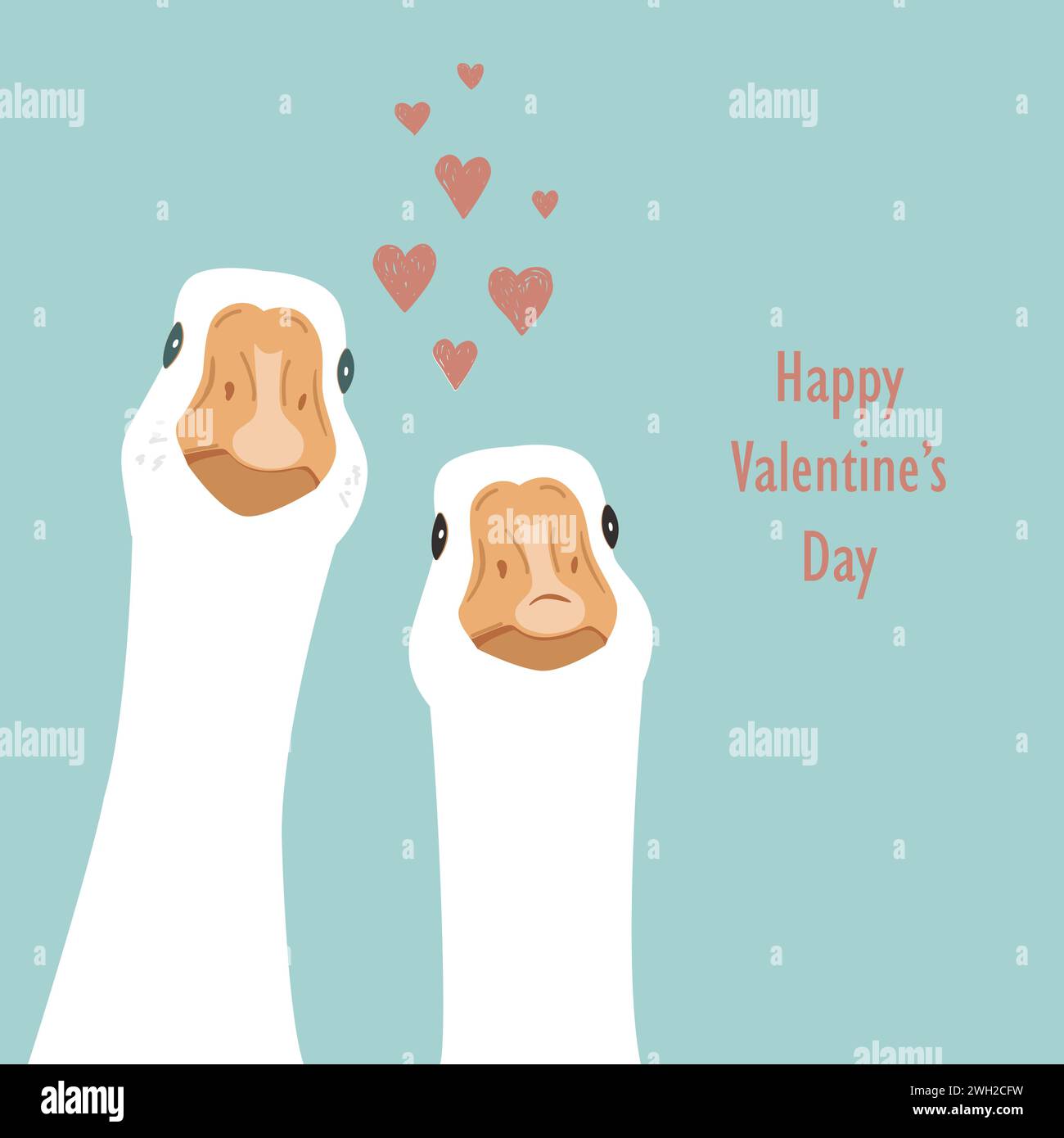 A couple of cute geese in love with heart cloud. Hand drawn goose ...