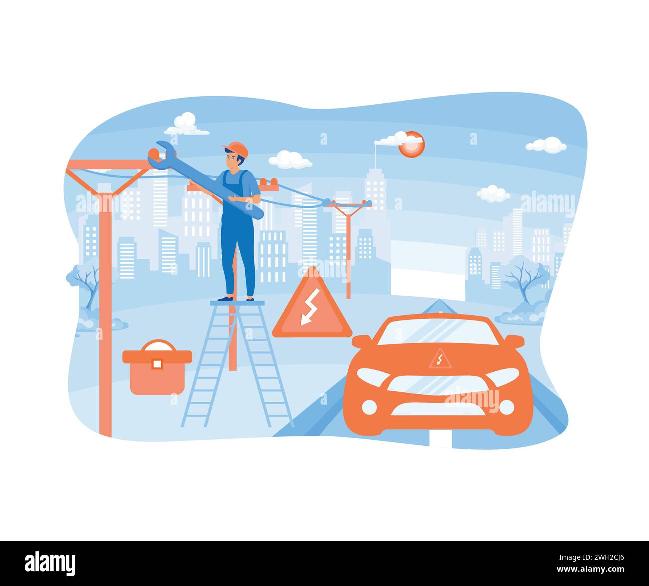 Man standing on steps near car repairing electricity. flat vector ...
