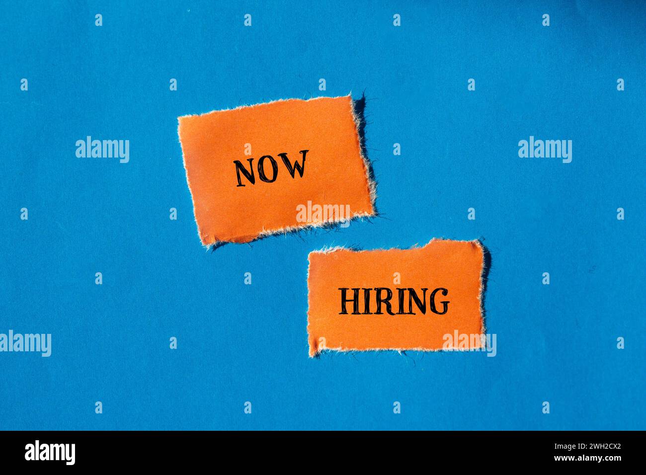 Now hiring lettering on ripped orange paper pieces with blue background ...